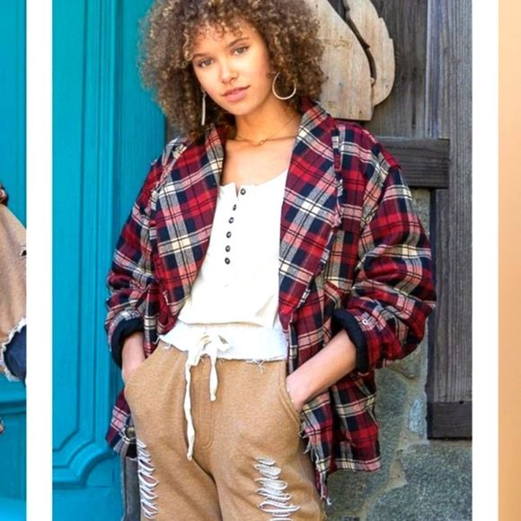 POL | Jackets & Coats | Red And Black Plaid Oversized Fit Frayed ...